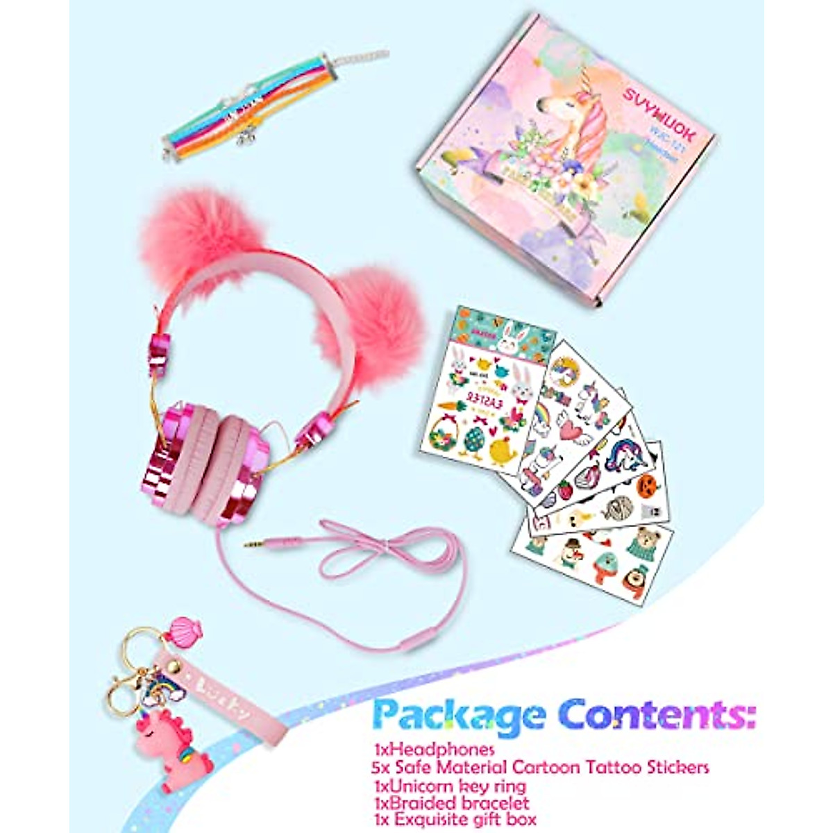 SVYHUOK Pompoms Pink Unicorn Wired Headphones,Cute Cat Ear Kids Game Headset for Girls Teens Tablet Laptop PC,Over Ear Children Headset withMic,for School Birthday Xmas Gifts