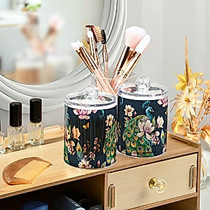 xigua 2 Pack Elegant Floral Peacock Apothecary Jars with Lid, Qtip Holder Storage Containers for Cotton Ball, Swabs, Pads, Clear Plastic Canisters for Bathroom Vanity Organization (10 Oz)