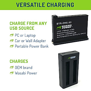 Wasabi Power Insta360 ONE X2 Battery (2-Pack) and Dual USB Charger Base Bundle Compatible with Insta360 ONE X2 Camera (Not Waterproof)