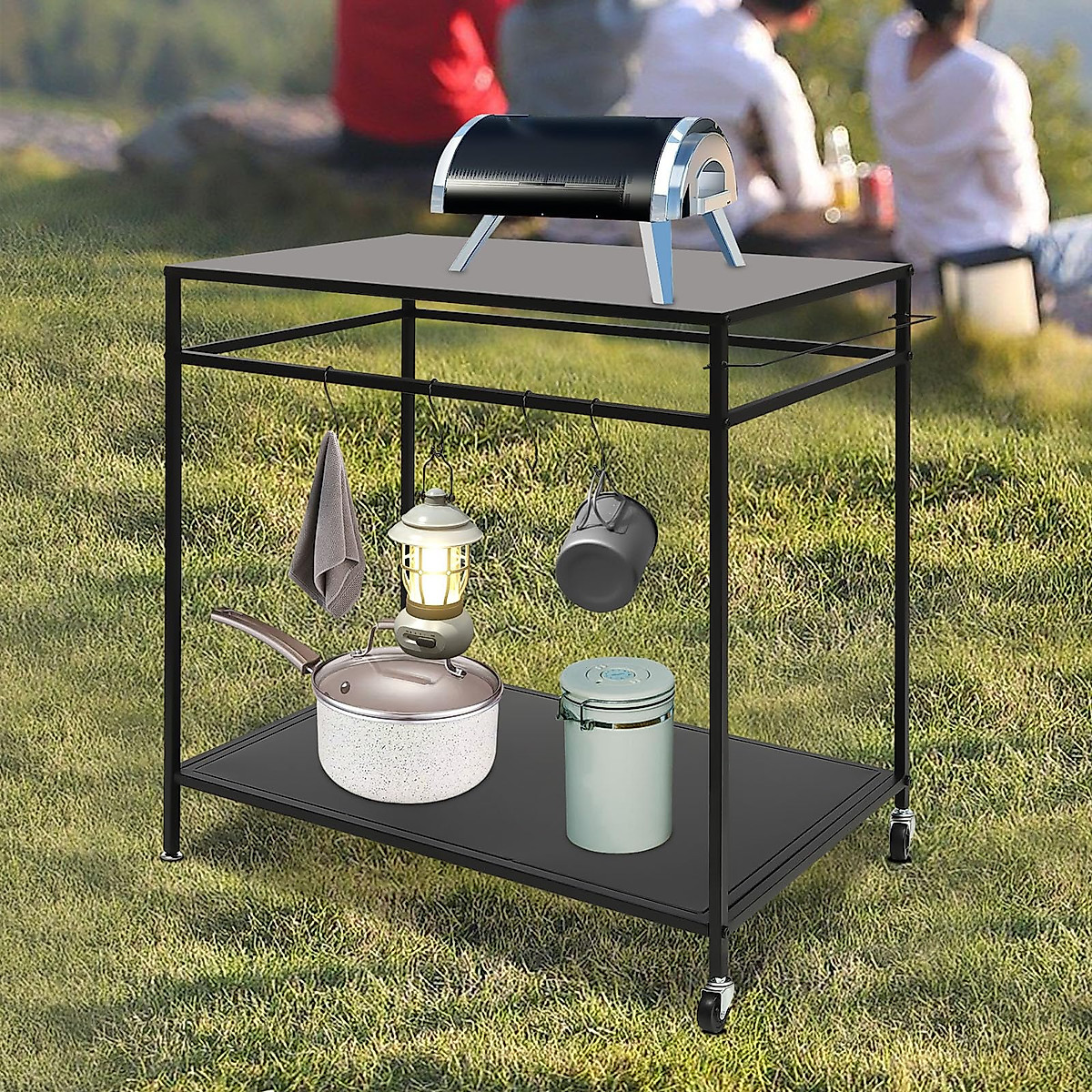 Portable Outdoor Grill Table,Grill Stand Sturdy,Grill Cart Double-Shelf Movable Cooking Table,Stand Accessories for Dining Cart with Storage Spice Rack,for Kitchen Backyard Patio Indoor Commercial