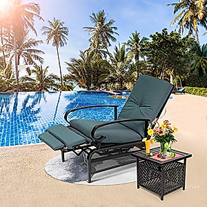 Oakcloud Adjustable Outdoor Lounge Chair Metal Patio Relaxing Recliner Chair Set with Bistro Table and Removable Cushions(Peacock Blue)