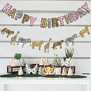 Safari Birthday Decorations Jungle Theme Party Supplies for Girl - Pink Cheetah Happy Birthday Banner, Animal Print Garland, Jungle Safari Animal Leopard Party Sign