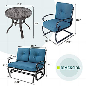 Oakmont 4 Pieces Outdoor Furniture Patio Conversation Set Glider Loveseat, 2 Chairs with Round Side Table Spring Lounge Chair Sets Metal Frame Wrought Iron Look (Peacock Blue)