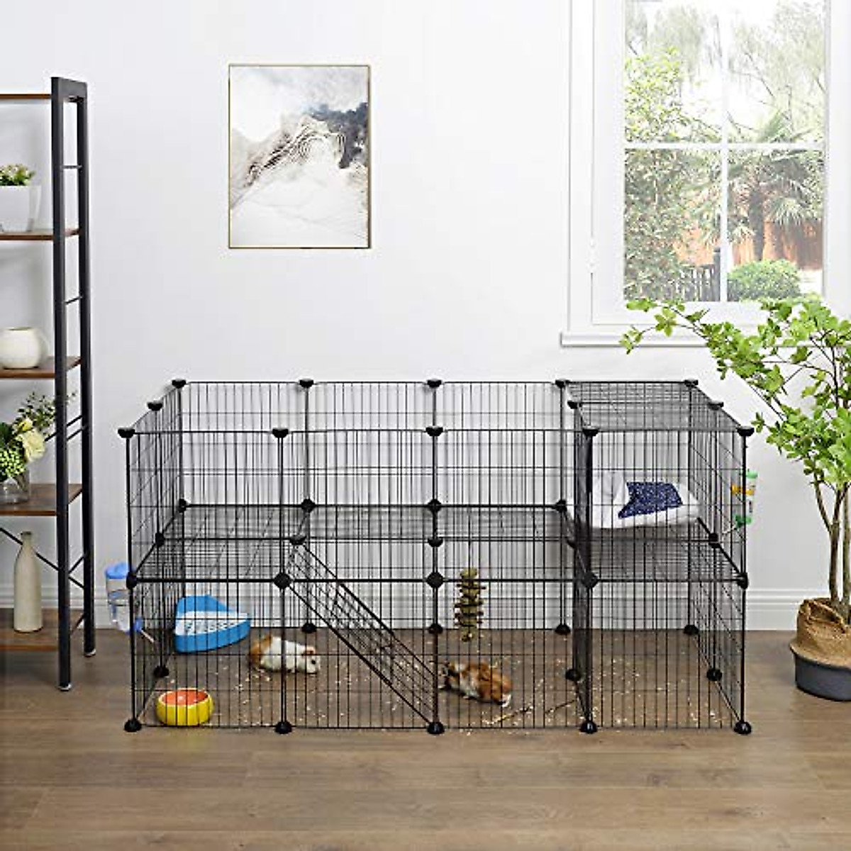 SONGMICS Pet Playpen, Small Animal Playpen, Rabbit Guinea Pig Cage, Zip Ties Included, Metal Wire Apartment-Style Two-Story Pet Premium Villa for Bunnies Puppies, Indoor Use, Black ULPI02H