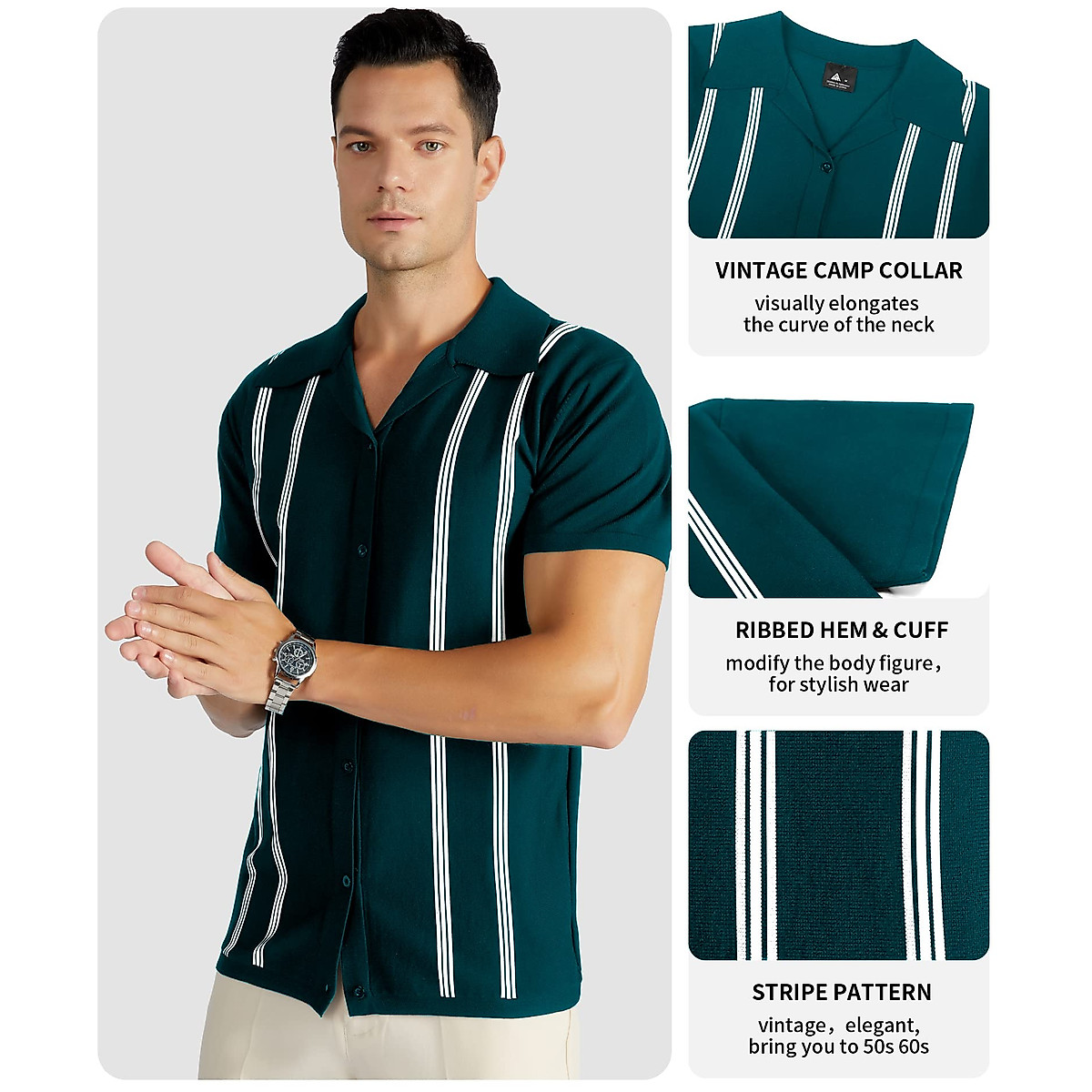 V VALANCH Men's Vintage Shirts Retro Stripes Polo Shirts Short Sleeve Button Closure Knitting Shirts