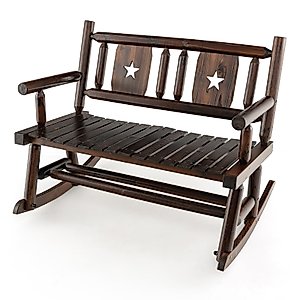 Giantex Outdoor Rocking Bench, Patio Loveseat Rocker for 2 w/Ergonomic Back & Log Arms, Carbonized Fir Wood Frame, Wooden Double Rocking Chair for Porch, Garden, 710 LB Capacity, Rustic Brown