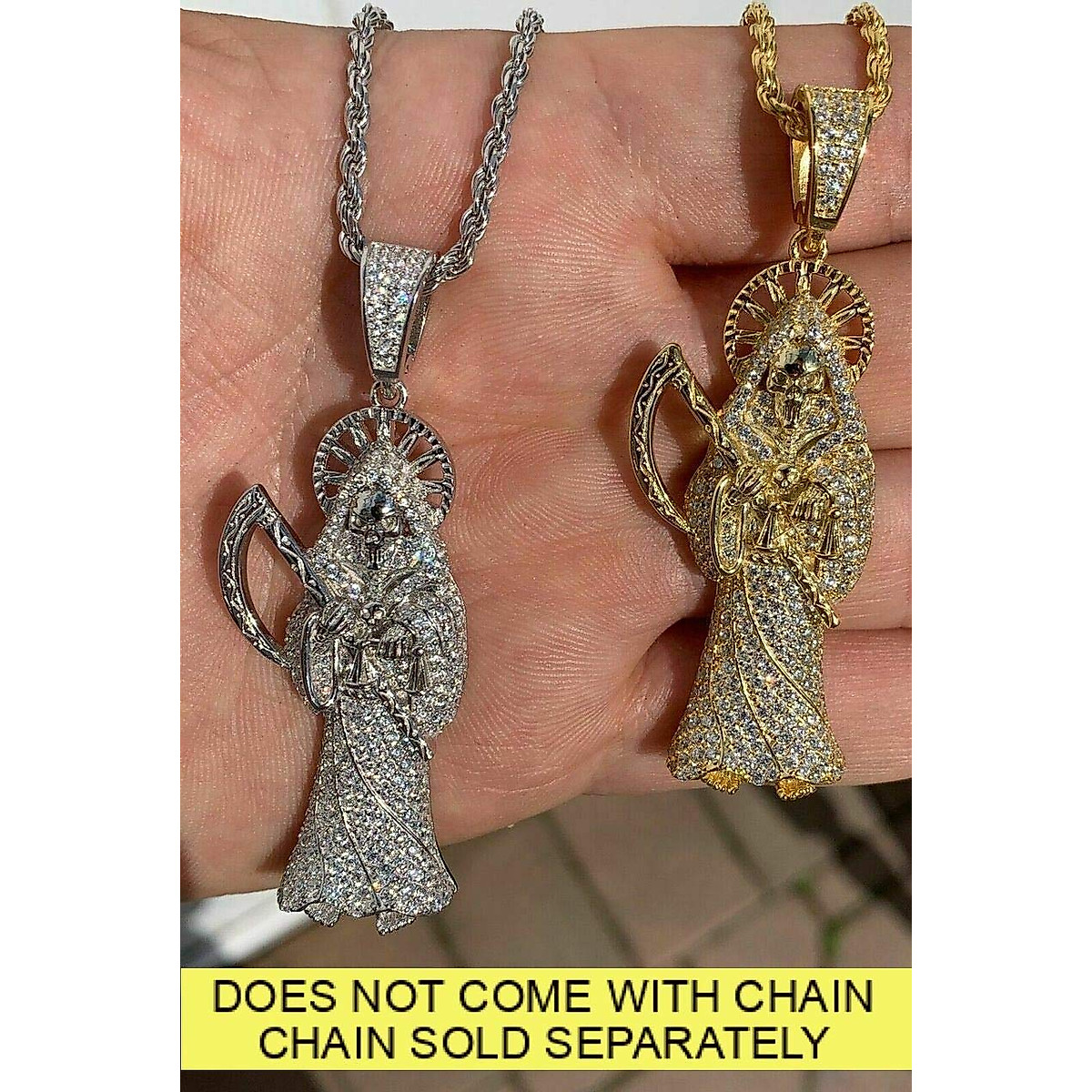 Solid 925 Sterling Silver - Large Men's Grim Reaper Death Pendant - Iced Santa Muerte Piece - Great Necklace (gold-plated-silver)