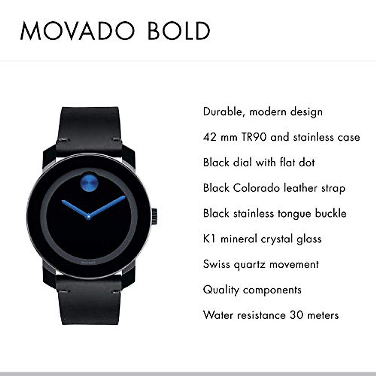 Movado Men's BOLD TR90 Watch with Sunray Dot and Leather Strap, Black/Blue (Model 3600307)