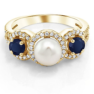 Gem Stone King 18K Yellow Gold Plated Silver Blue Sapphire and Cultured Freshwater Pearl Ring For Women (1.50 Cttw, Gemstone Birthstone, Available In Size 5, 6, 7, 8, 9)