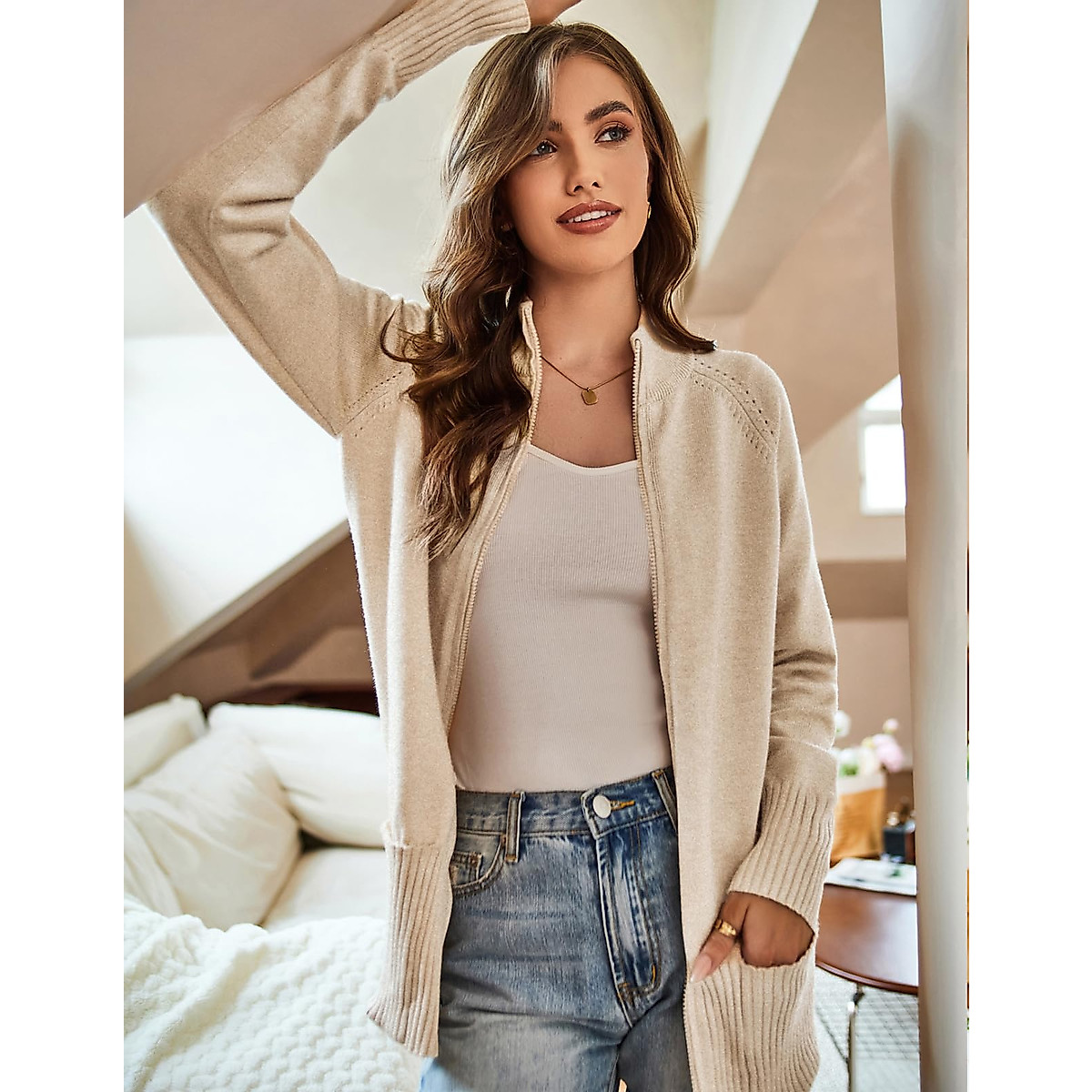 GRACE KARIN Zip Up Cardigan Sweaters for Women Stand Collar Long Sleeve Chunky Knit Full Zip Sweaters Jackets for Women Office Wear L Apricot