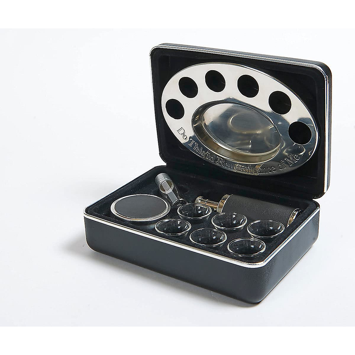 Broadman Church Supplies Legacy Portable Communion Set, 6 Glasses, Stainless Steel Bread Container and Serving Tray, 100ml Juice Container, Anointing Oil Bottle