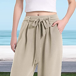 Zehwonpei Wide Leg Pants for Women High Waisted Palazzo Flowy Casual Pants Trendy Bowknot Loose Lounge Trousers with 2 Pockets (Beige,Size XL)