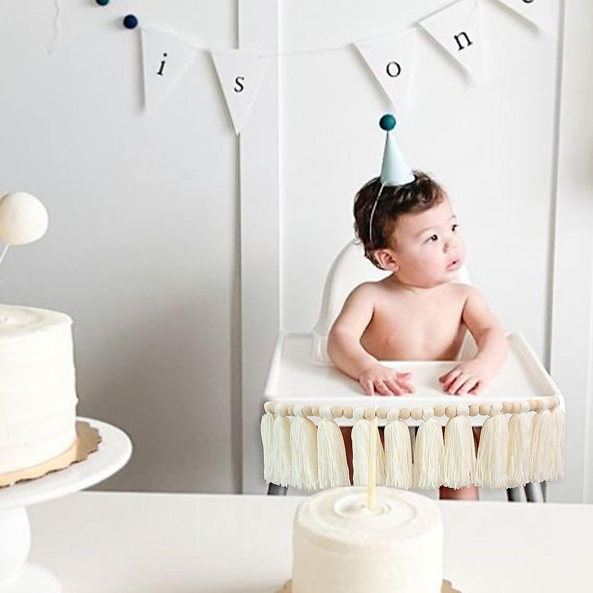 Vgaruint White Yarn Tassel Banner - Cream Wood Bead Tassel Garland Boho Decor, Beaded Tassel Bunting for Home, Boho Nursery Wall Hanging,Christmas Decor,Baby Bridal Shower Party Supplies