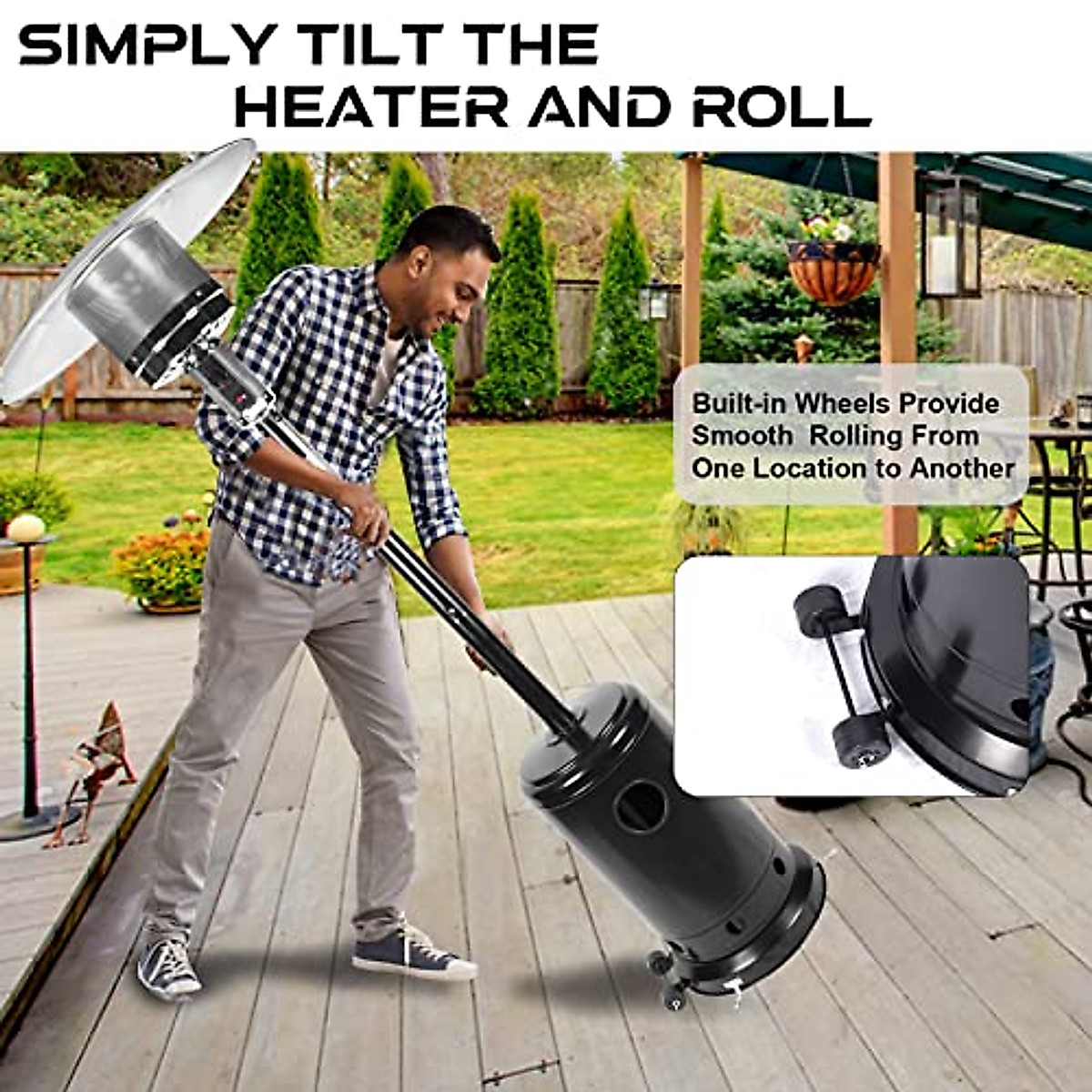 Polar Aurora Patio Heater for Outdoor Use Propane Gas 48000 BTU Auto Shut Off Portable Heater Floor Standing w/Ground Nail & Wheels for Garden, Balcony, Party,Black