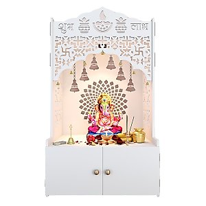 Homscape Divine Wooden Temple for Serenity with Spacious Shelf & Inbuilt Focus Light - White Color