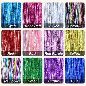 Waysear 12 Colors Hair Tinsel for Girls, 47 Inches Hair Tinsel Kit with Tool, 2400 Strands Tinsel Hair Extensions for Women, Fairy Hair Tinsel Glitter Sparkling Shiny Hair for Christmas Party