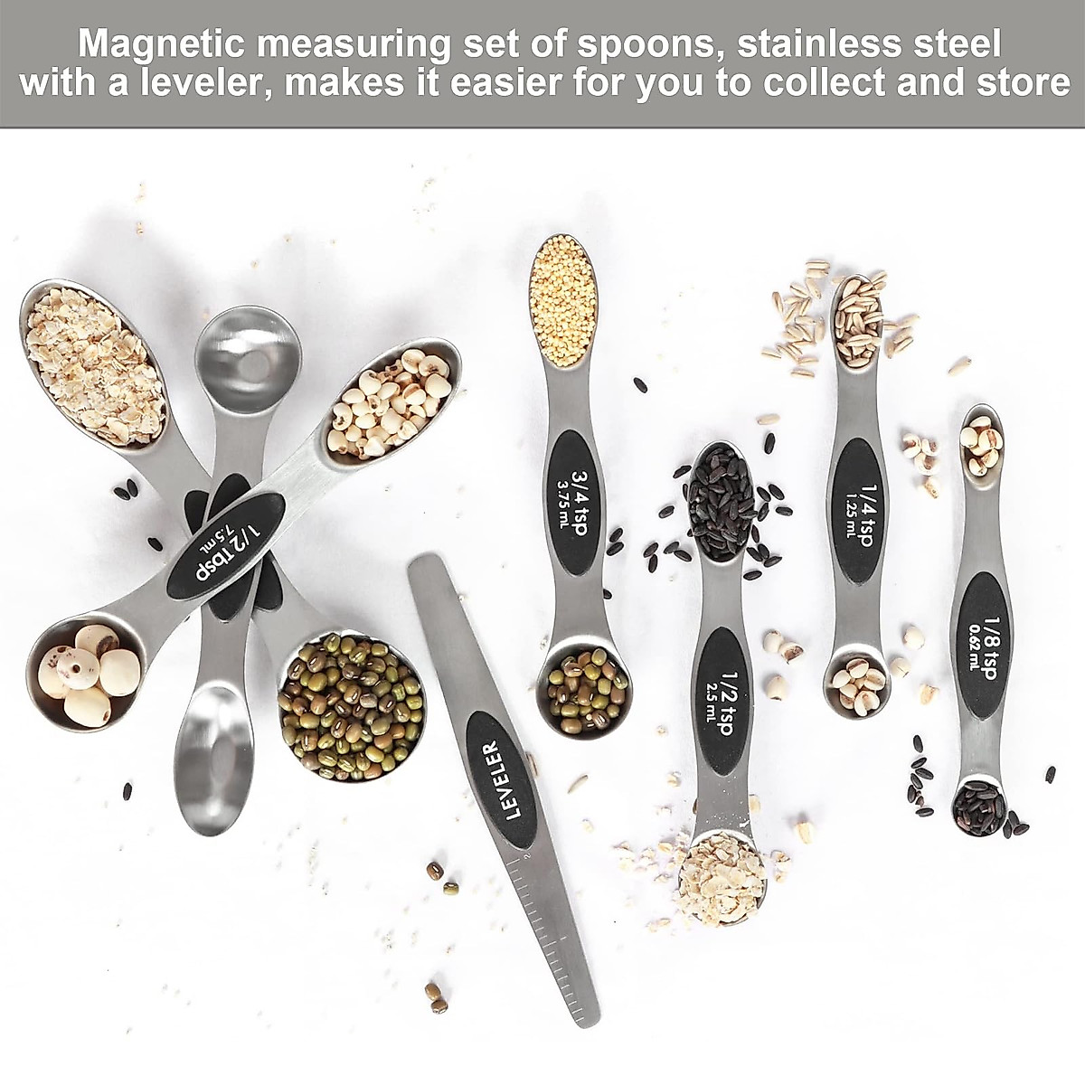 Magnetic Measuring Spoons Set Stainless Steel with Leveler, Stackable Metal Tablespoon Measure Spoon for Baking, Measuring Cups and Spoon Set Kitchen Gadgets Apartment Essentials Fits in Spice Jars
