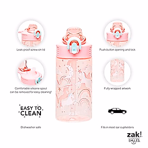 Zak Designs Sage Water Bottle For School or Travel, 16oz Durable Plastic Water Bottle With Straw, Handle, and Leak-Proof, Pop-Up Spout Cover (Fanciful Unicorn)