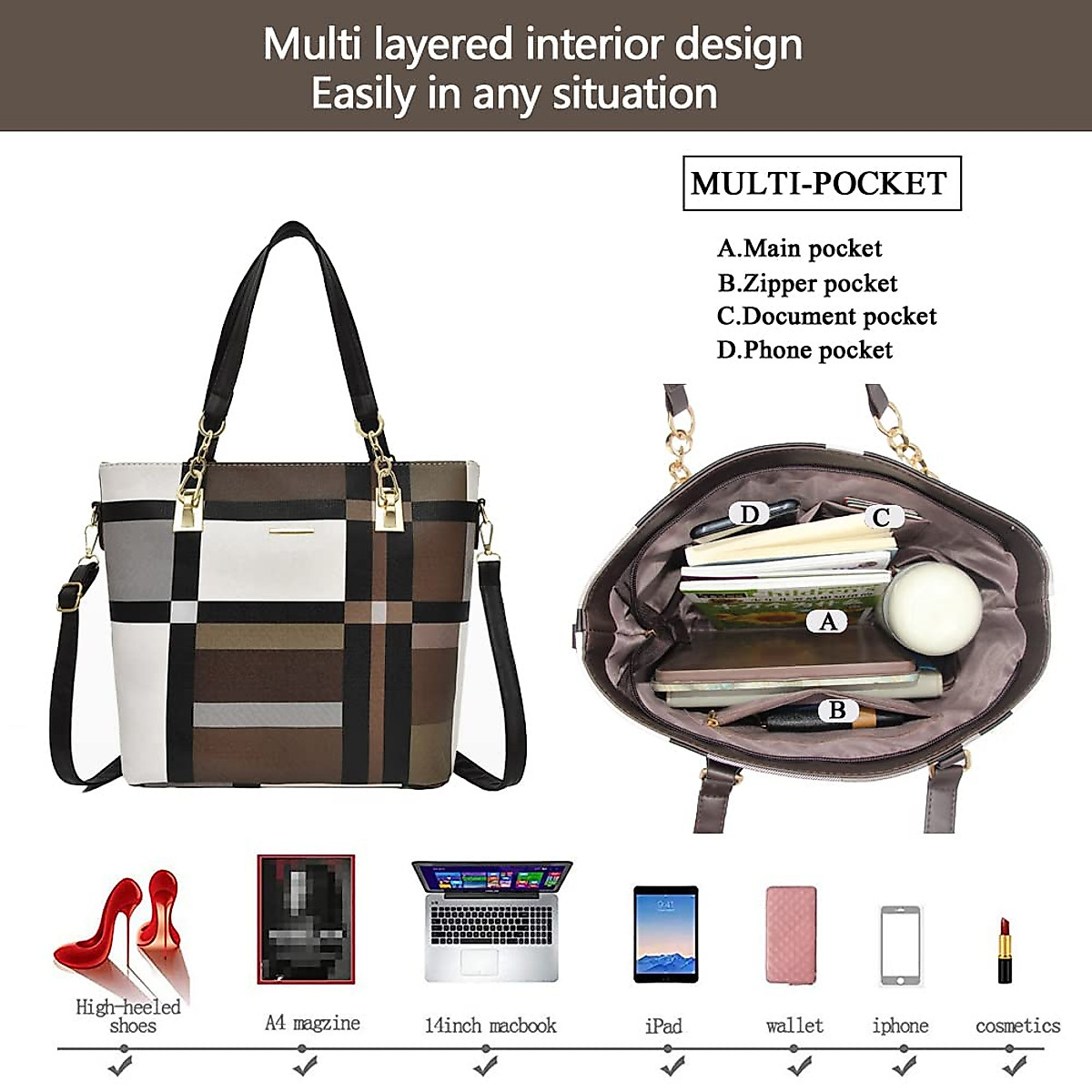 2E-youth Designer Purses and Handbags For Women Satchel Shoulder Bag Tote Bag For Work Clutch Purses (Brown)