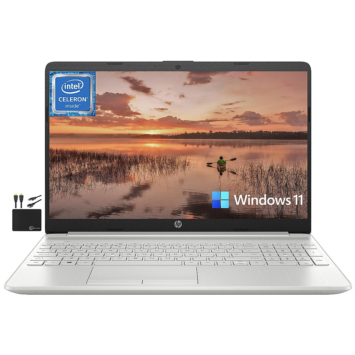 HP 2022 Newest 15.6'' HD Laptop, Intel Quad-core Celeron N4120 Processor (Upto 2.6GHz), 16GB RAM, 512GB SSD, HD Webcam, Wi-Fi 5, Bluetooth, 10+ Hours Battery, Windows 11+MarxsolCables, Natural Silver