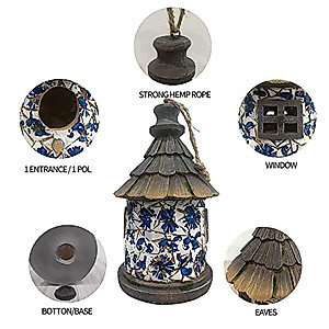 OUSHUAI Bird House for Outdoor with Pole Garden Decor Hanging Birdhouses Weatherproof BirdNest for Outside Bluebird, Finch, Wren, Chickadee, Wild Birds Big Size Resin White Bule