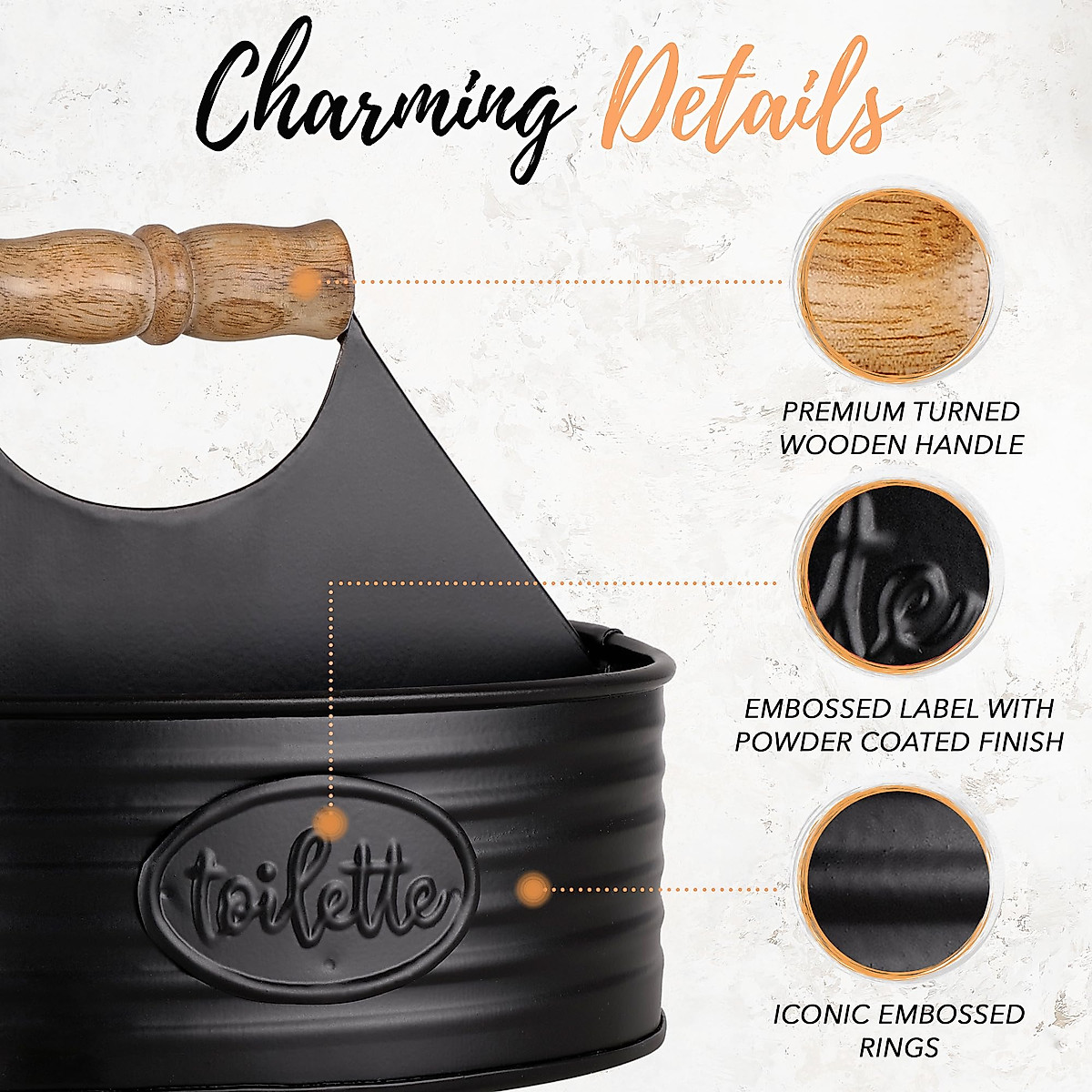 Autumn Alley Farmhouse Rustic Shower Caddy Basket for Bathroom - Toiletries Countertop Organizer, Decorative Bathroom Caddy, Bathroom Accessories with Toilette Label, 8.25" x 6", Black, Small