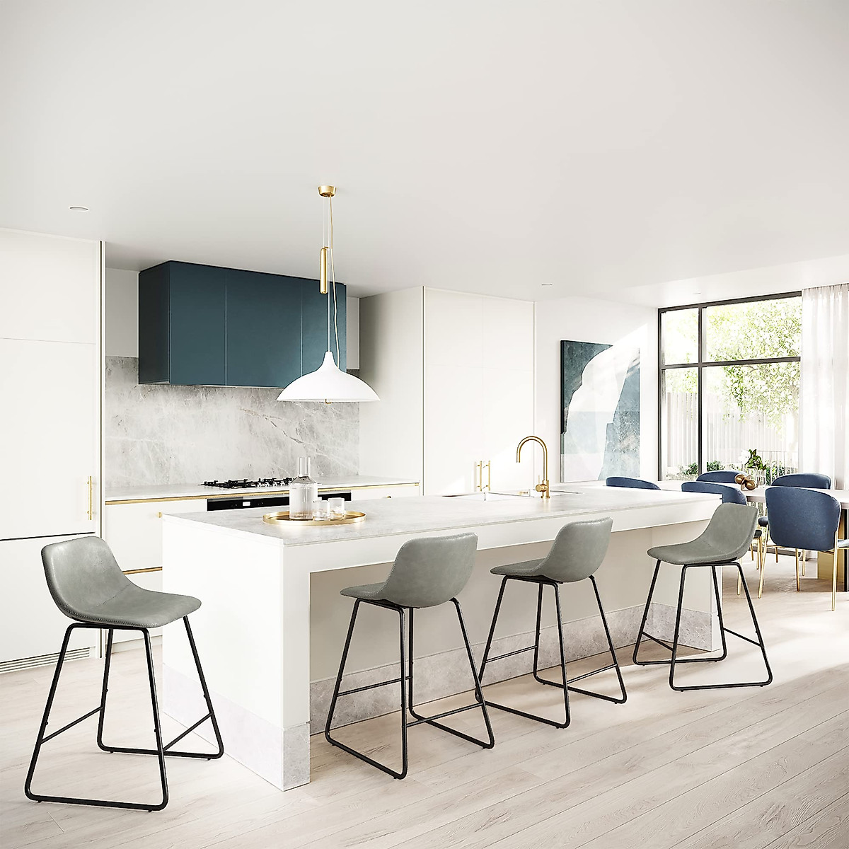 LUE BONA Bar Stools Set of 4, 24" ALX Faux Leather Barstools, Modern Counter Height Stools with Back and Metal Legs, Armless Counter Chairs for Kitchen Island, Grey