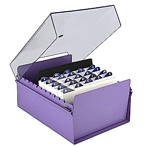 Acrimet 5 X 8 Card File Holder Organizer Metal Base Heavy Duty (AZ Index Cards and Divider Included) (Purple Color with Clear Crystal Plastic Lid Cover)