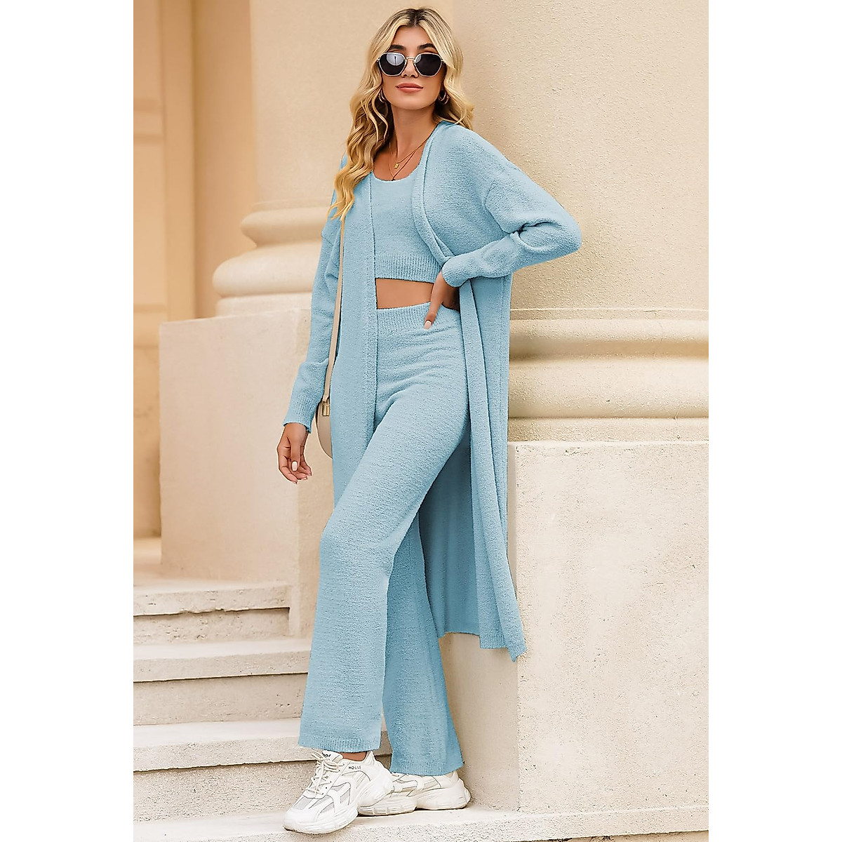 Fixmatti Women Lounge Set 3 Piece Fuzzy Fleece Crop Tops and Pants Open Front Cardigan Pajama Set Light Blue XL