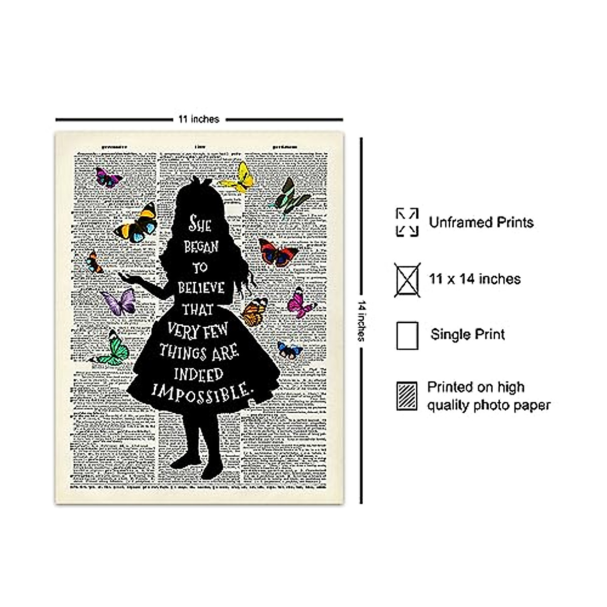 Alice in Wonderland Butterfly Wall Art 11x14 - Home Office, Girl, Kids Room Decor - Positive Quotes Wall Decor - Cheshire Cat, Mad Hatter - Lewis Carroll Quote Poster with Alice in Wonderland Decor