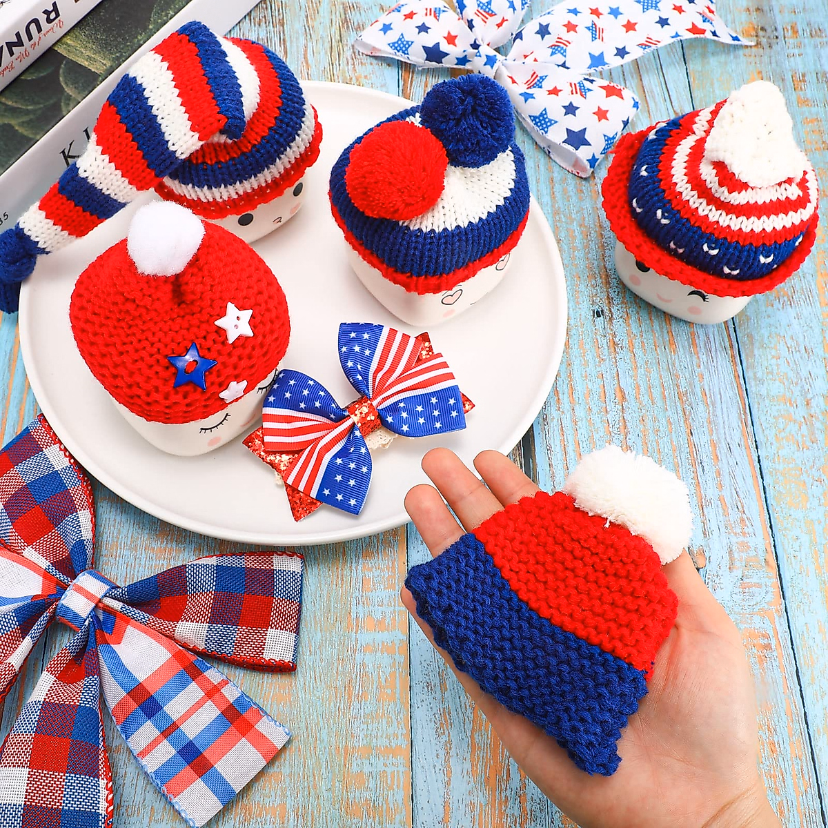 6 Pieces 4th of July Marshmallow Mug Hat Crochet Independence Day Mug Topper Hat Knitted Cup Head Mug Set Mini Marshmallow Mug Topper Decorative Mug Hat Cover for Coffee Mug Tiered Tray Decor