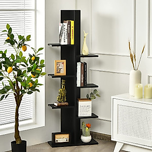 Tangkula 8 Shelf Bookshelf, Wooden Tree Bookcase with 8 Book Shelf, 20 x 8 x 55.5 Inch, Freestanding 8 Tier Storage Display Shelf with Anti-toppling, Corner Shelf for Living Room Home Office (Black)