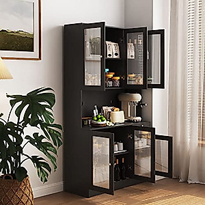 MIYZEAL Kitchen Pantry Storage Cabinet, 69'' Freestanding Pantry Cabinet with Cupboard and Microwave Stand, Modern Hutch Buffet Cabinet with 6-Doors and Drawer for Home Kitchen (Black)