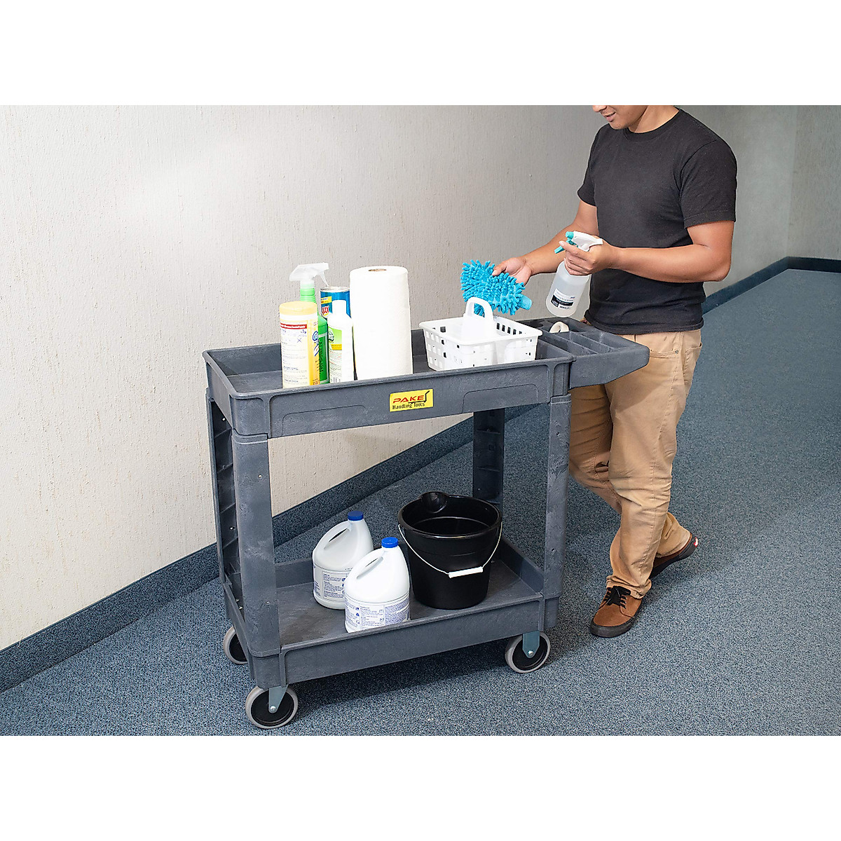 550lb Capacity Heavy Duty Plastic Utility Cart 40" L x 17-1/4" W with Handle 2 Shelves Pake Handling Tools