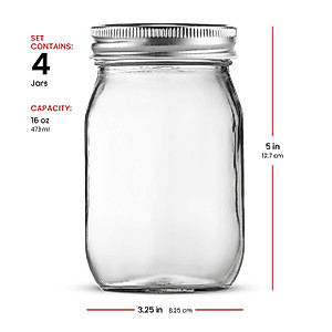 Glass Regular Mouth Mason Jars, 16 Ounce (4 Pack) Glass Jars with Silver Metal Airtight 1 Piece Lids for Meal Prep, Food Storage, Canning, Drinking, Overnight Oats, Jelly, Dry Food, Salads, Yogurt