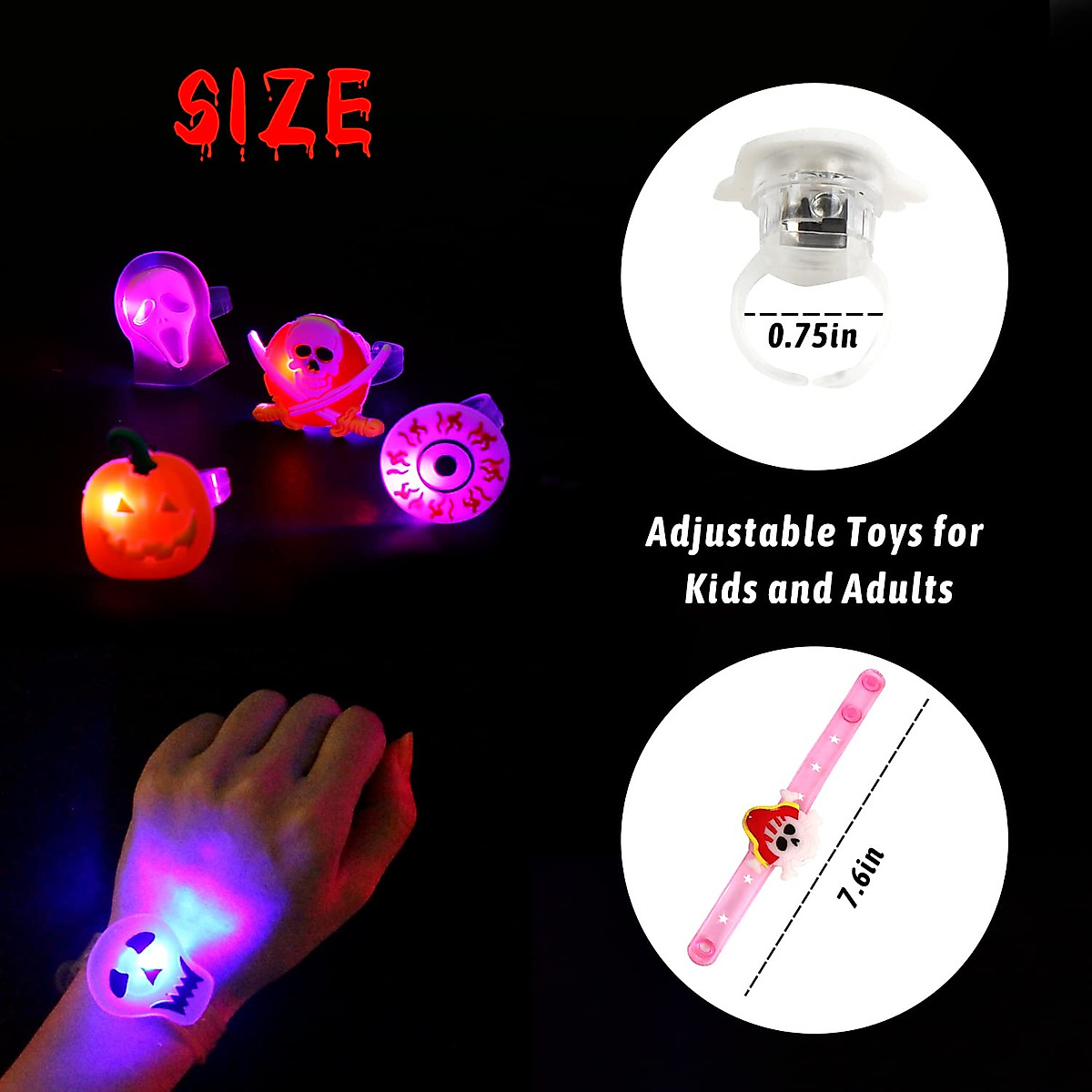 CCINEE Halloween Light up Party Favors Toys for kids, 32pcs 20 Rings+12 Bracelets LED Accessories Glow in the Dark Toys Rubber Ghost Pumpkin Skeleton for Halloween Party Supplies Decorations Gift