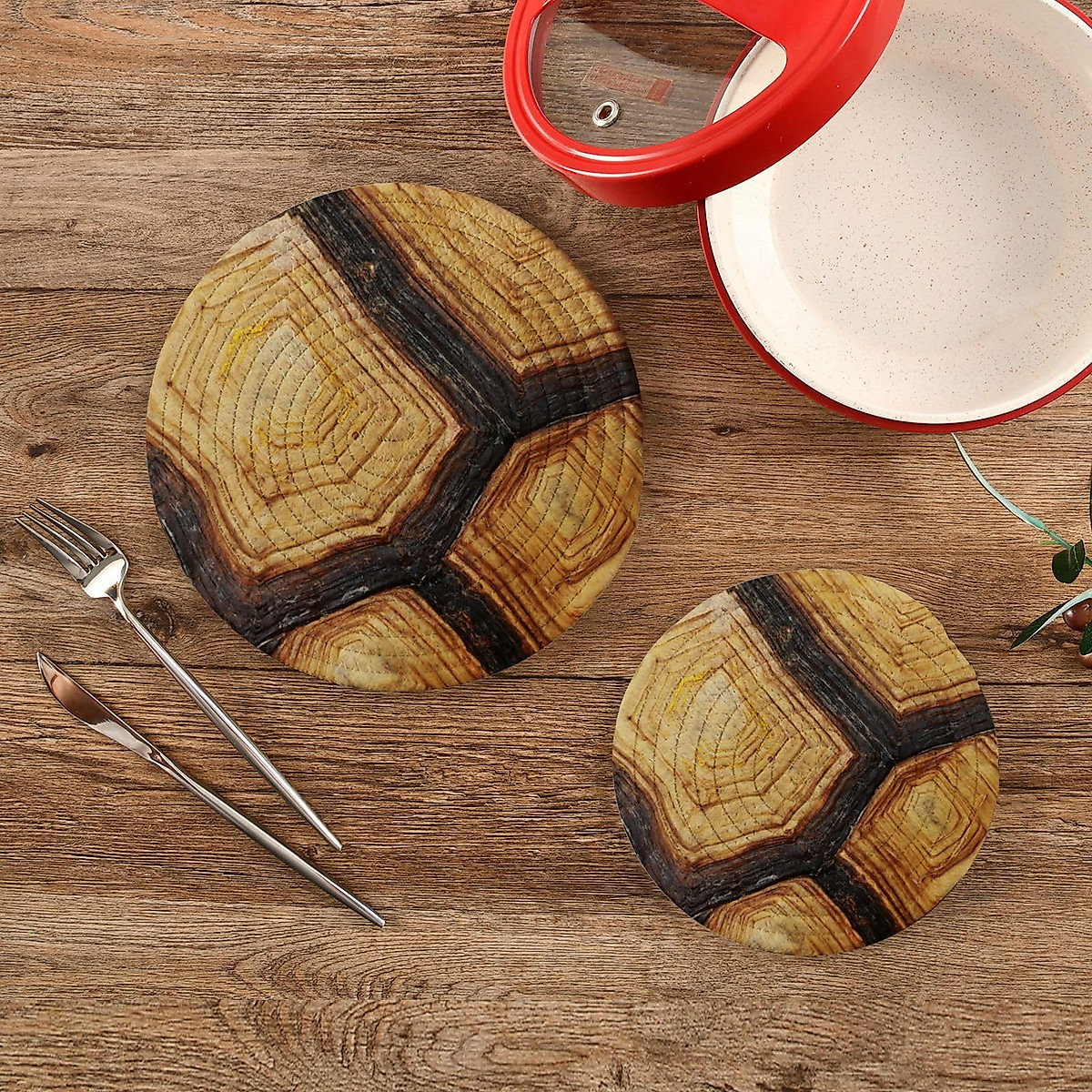 Turtle Shell Round Trivet Mat 2PCS Carapace Print Cotton Rope Placemats Pot Holder Set Kitchen Decor Table Hot Pads Coasters for Hot Dish Counter Tops Farmhouse Coasters Protector Mats