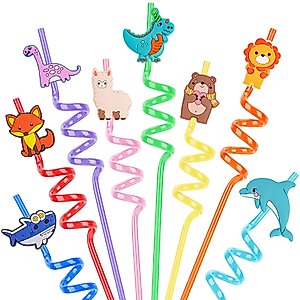 NiHome 24 Reusable Plastic Animal Straws with 2 Cleaning Brushes, Dolphin Dinosaur Lion Shark Jungle Safari Party Favors Kids Birthday Decorations for Boys Girls, Fillers for Baby Shower Goodie Bags