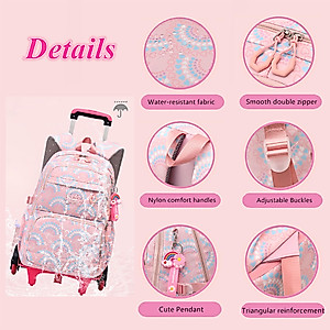 Mfikaryi 3PCS Girls Rolling Backpack Elementary Student Schoolbag Travel Trolley Bag Wheeled Bookbag with Lunch Box