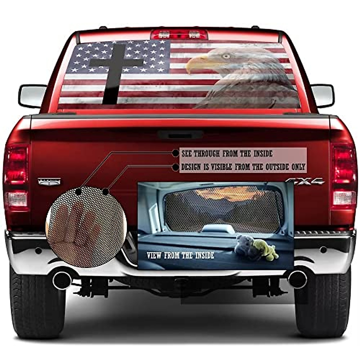 Patriotic Truck Back Window Graphics,Red White American Flag Decal Patriotic Truck Decals,Cross Universal See-Through Rear Window Vinyl Wrap,Christian Full Window Decals for Trucks Car SUV,66"x20"