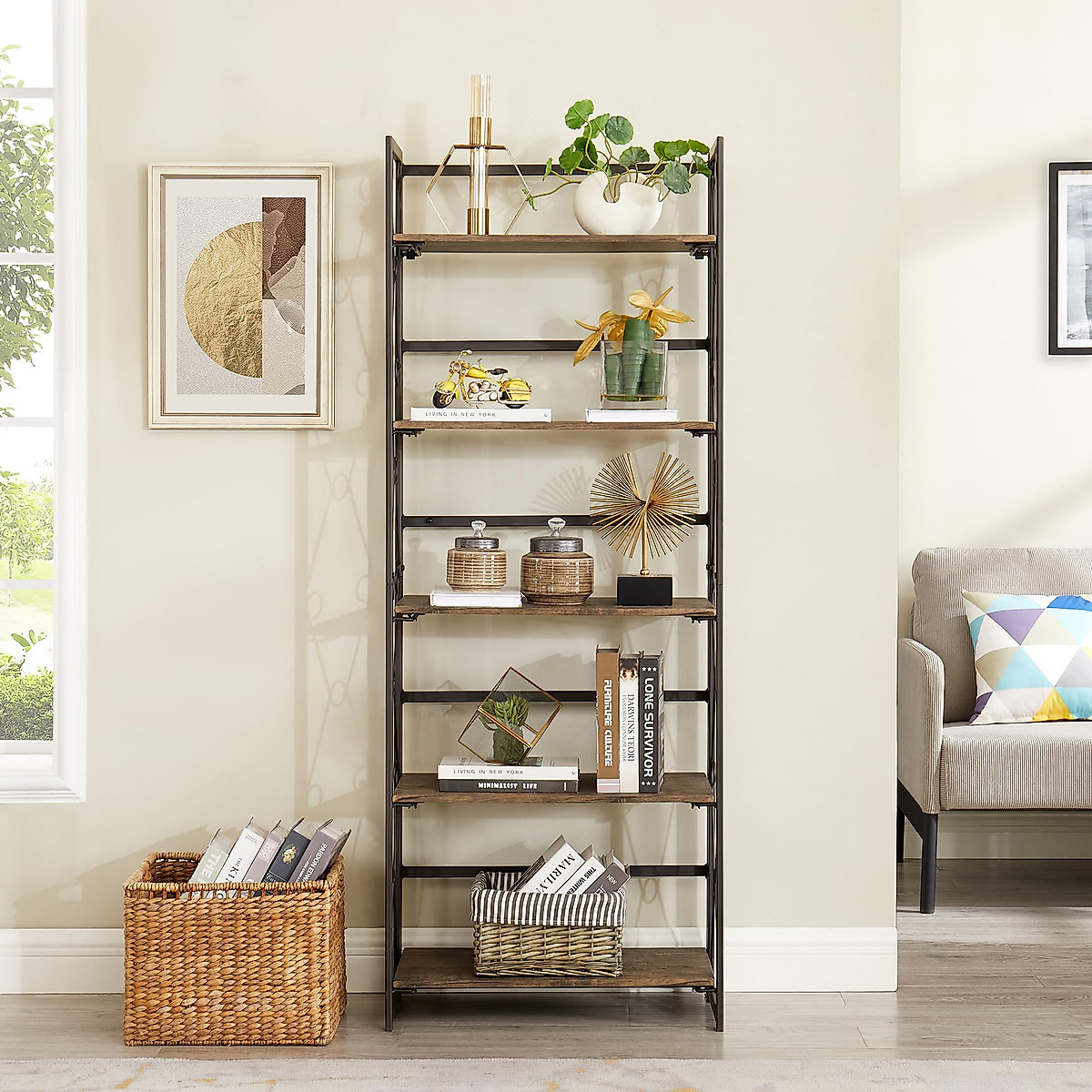 VECELO Bookshelf, 5 Shelf Folding Bookcase No Assembly, Industrial Metal Freestanding Shelves Rack Organizer for Living Room, Office, Bedroom, Kitchen, Set of 2, Dark Brown