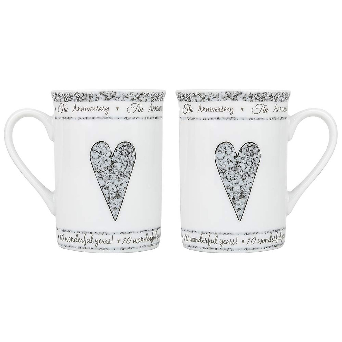Beautifully Designed 10th Tin Wedding Anniversary Set of Ceramic Mugs with Hearts | Dishwasher and Microwave Safe with Decorative Keepsake Box