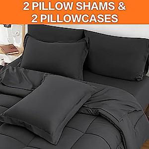 PATSBA Queen Size Comforter Set -7 Pieces All Season Bed in a Bag - Ultra Soft Down Alternative Bedding Sets with Comforter, Flat Sheet, Fitted Sheet, 2 Pillowcases & 2 Pillow Shams (Dark Gray)