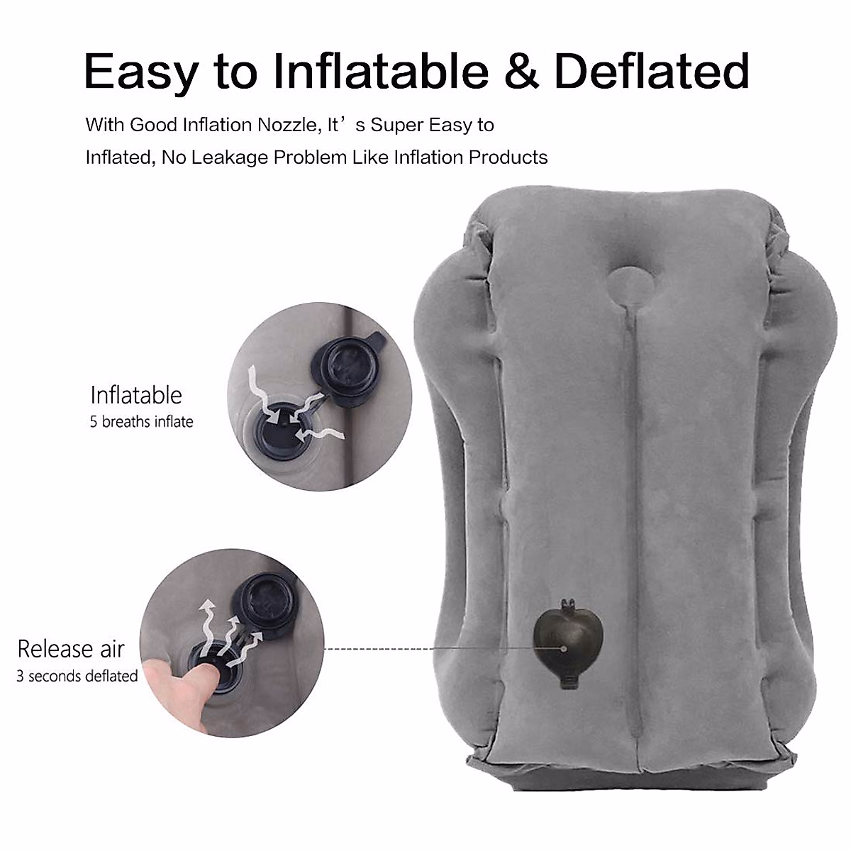Inflatable Travel Pillow for Airplane, inflatable Neck Air Pillow for Sleeping to Avoid Neck and Shoulder Pain, Comfortably Support Head, Neck and Lumbar, Used for Airplane, Car, Bus and Office (Grey)
