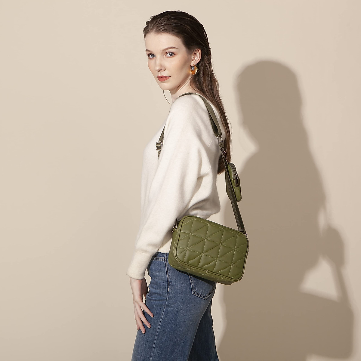 AOCINA Small Coin Purse Crossbody Bags with Coin Pouch for Women Soft Leather Quilted Hobo Purses 2 Size Bags(Olive Green)