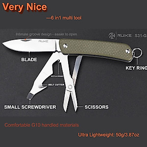 Ruike Keychain Small Pocket Knife,Folding 6 in 1 Multitool,12C27 Steel Stainless,G10 Handle,Mini EDC Tactical Camping Army Tac Survival Hunting Gear,Key Compact Scissors,Screwdriver,Bottle Opener Tool