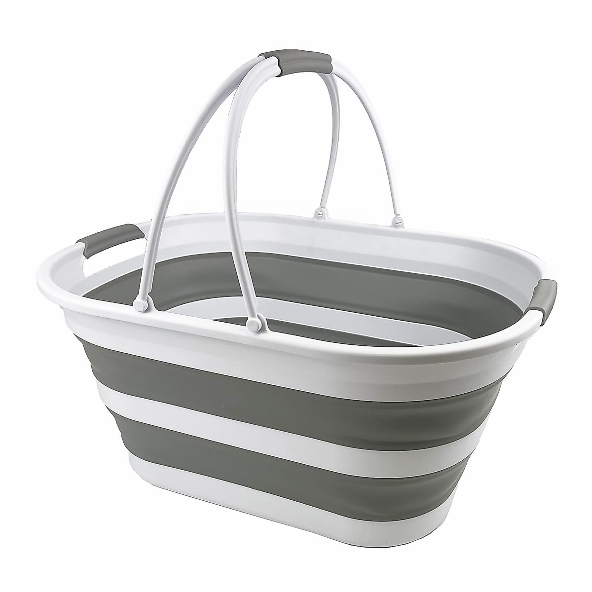 SAMMART 38L (10 Gallons) Collapsible Plastic Laundry Basket - Foldable Storage Container/Organizer - Portable Washing Tub - Space Saving Laundry Hamper (White/Grey)