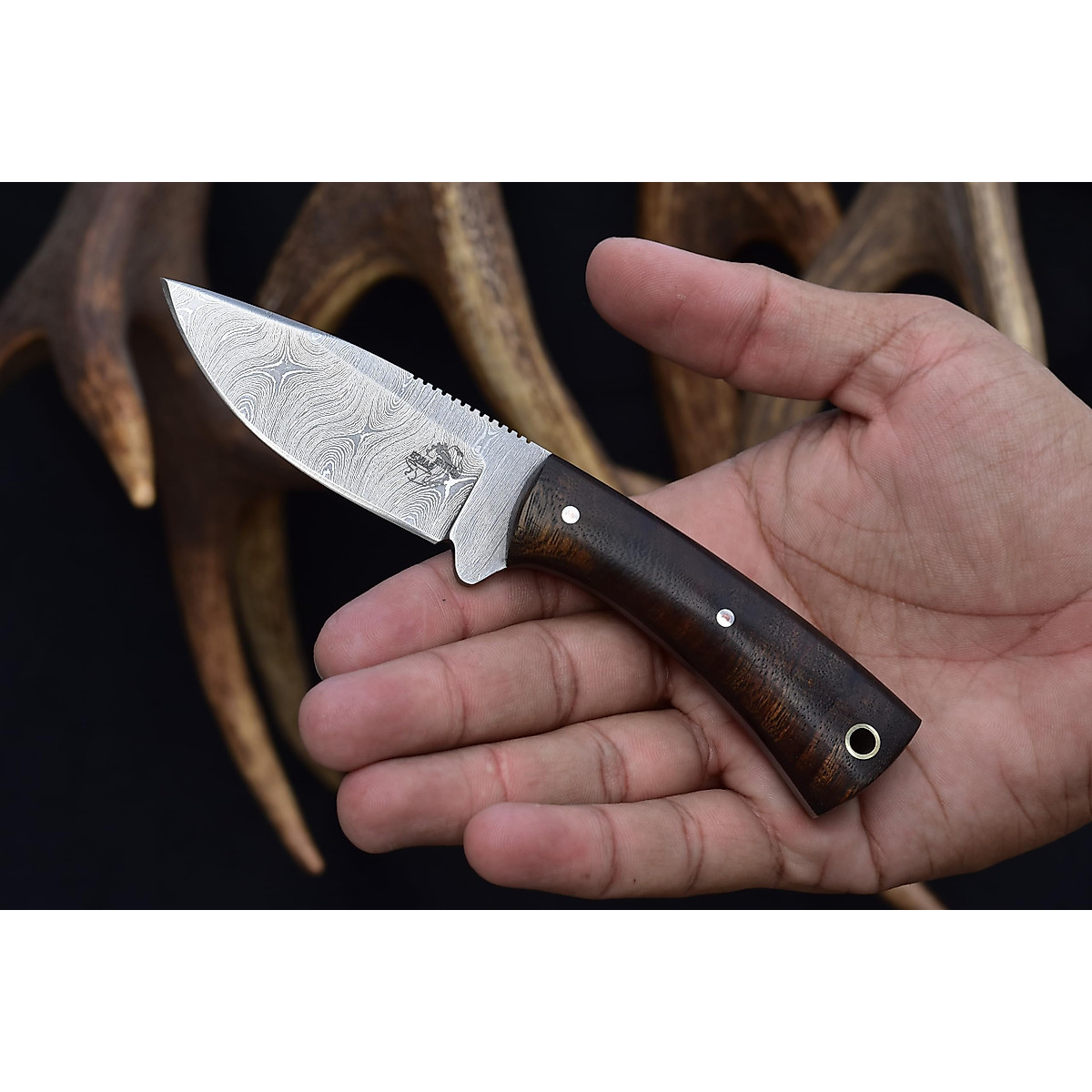 Knives Ranch Fixed Blade EDC Knife with Horizontal Carry Sheath – Small Hunting Knife – Damascus Skinning Knife – Cowboy Knife with Leather Sheath Stabilized Rosewood Handle (4402-IRW)