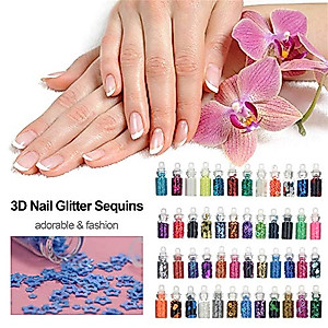 Nail Glitter,mewmewcat 48 Bottles of 3D Nail Glitter Sequins Nail Glitter Flakes Set Acrylic Nail Sparkle Glitter Stickers Decals for Christmas Nail Art Decoration Mixed Colors & Shapes