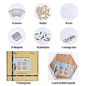AkTop Cork Bulletin Board Hexagon 4 Pack, Small Framed Corkboard Tiles for Wall, Thick Decorative Display Boards for Home Office Decor, School Message Board with 16 Push Pin Wood Clips, White